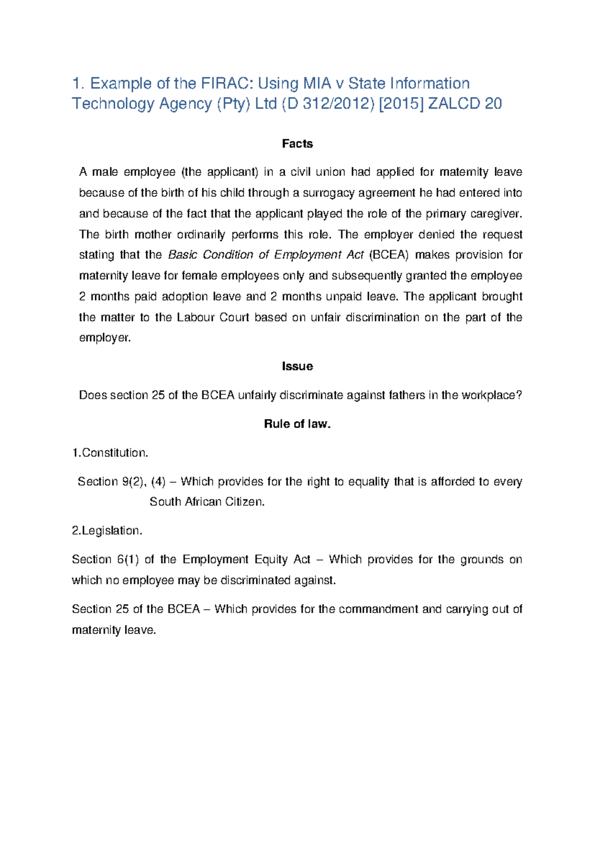 FIRAC Analysis of MIA v State: Maternity Leave Case Study D 312/2012 ...