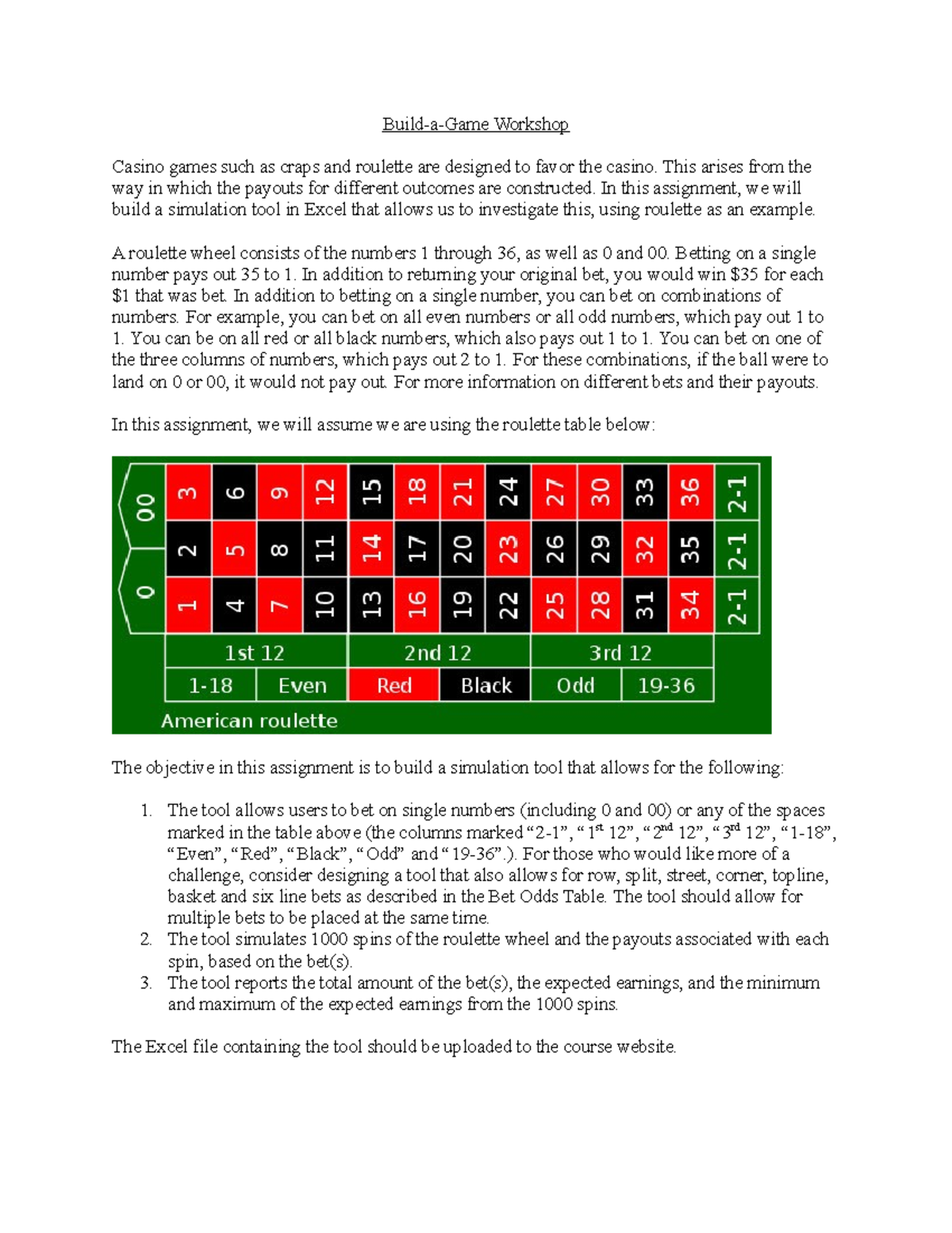 Assignment 1: Excel Simulation of Roulette Game Mechanics - Studocu