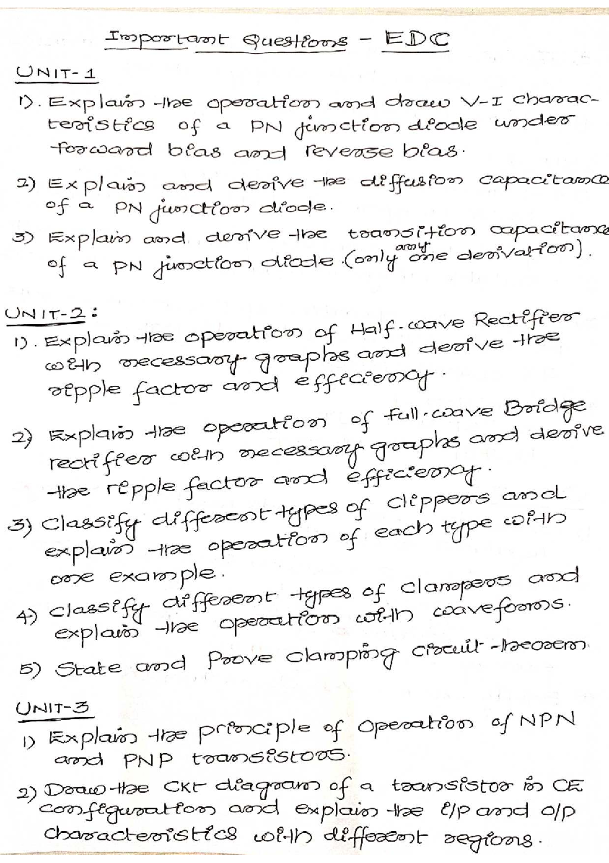 EDC Important Questions: PN Junction Diodes, Transistors, and ...