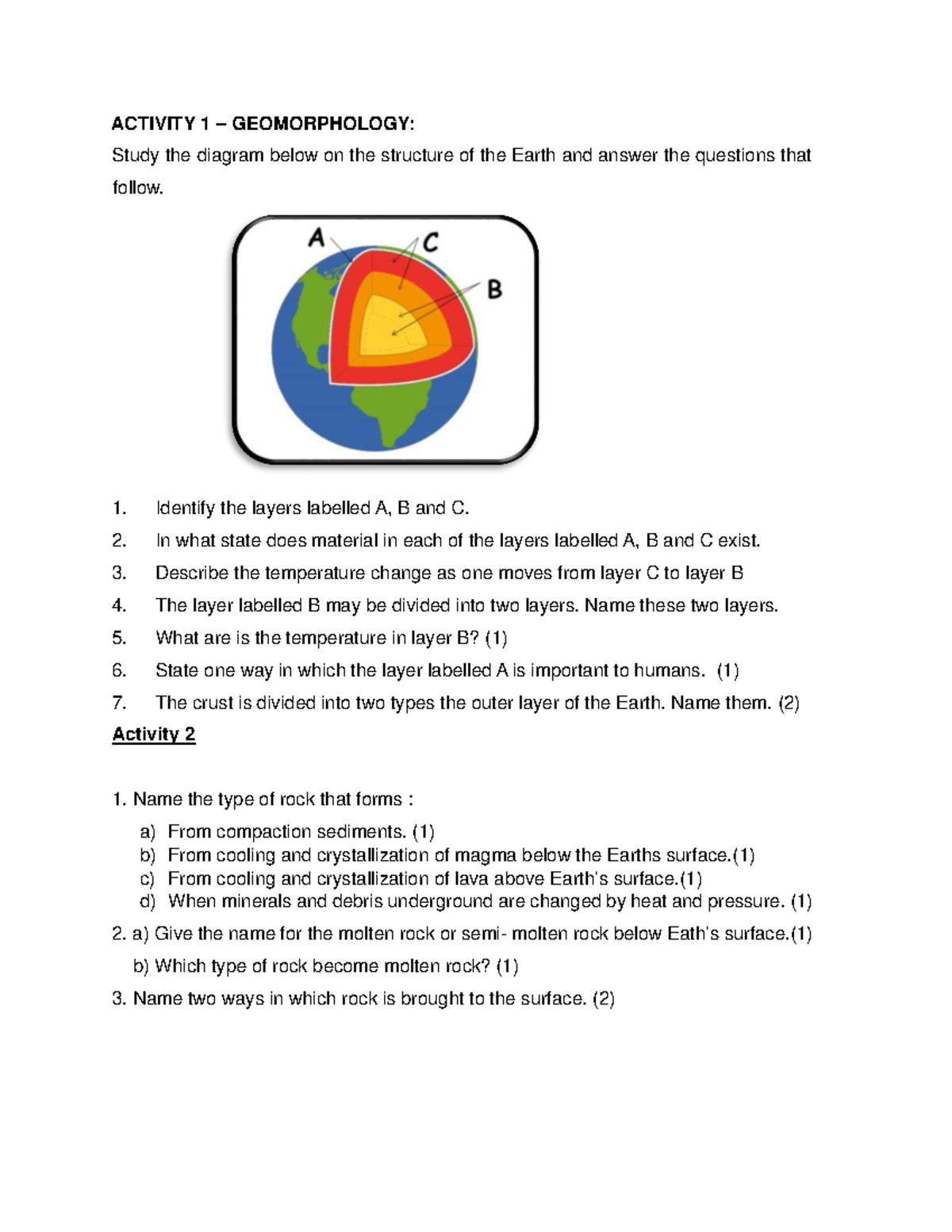 Activity 1: Geomorphology Study - Earth Structure & Rock Types (Term 2 ...