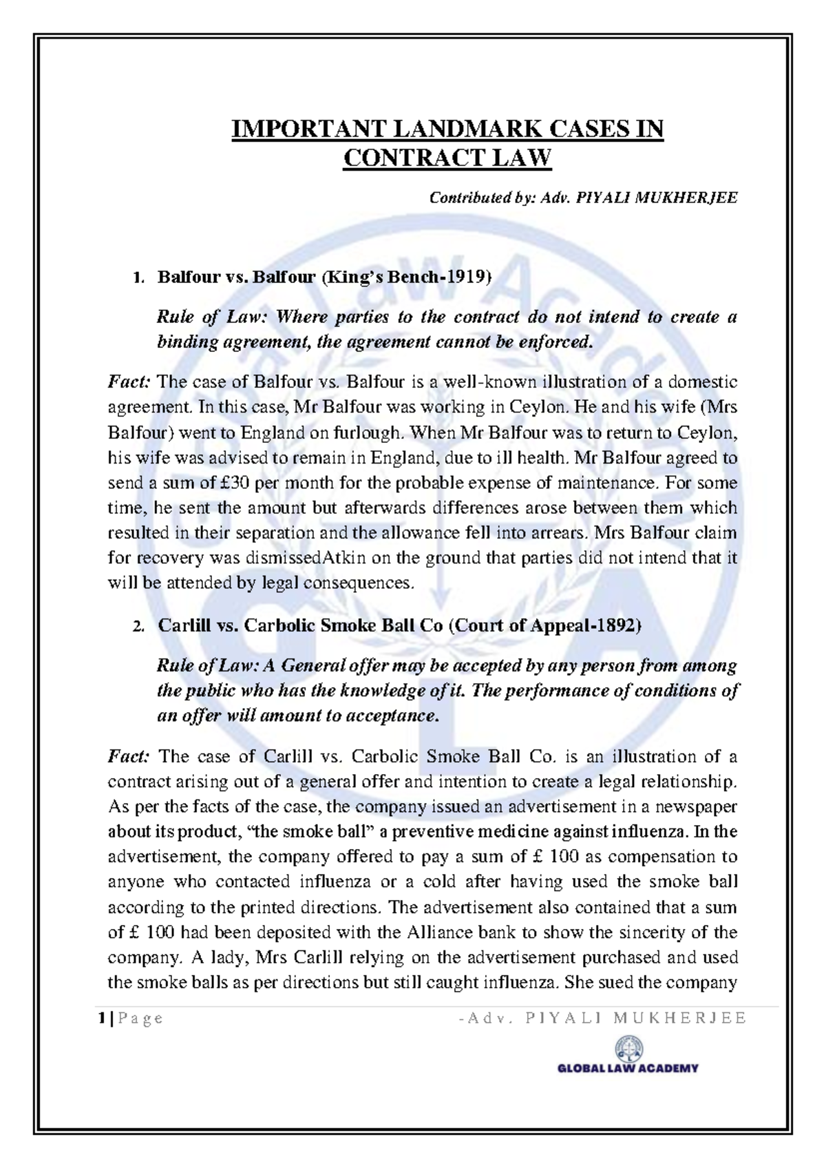 Contract Law Case Laws: Landmark Judgments for Study - Studocu