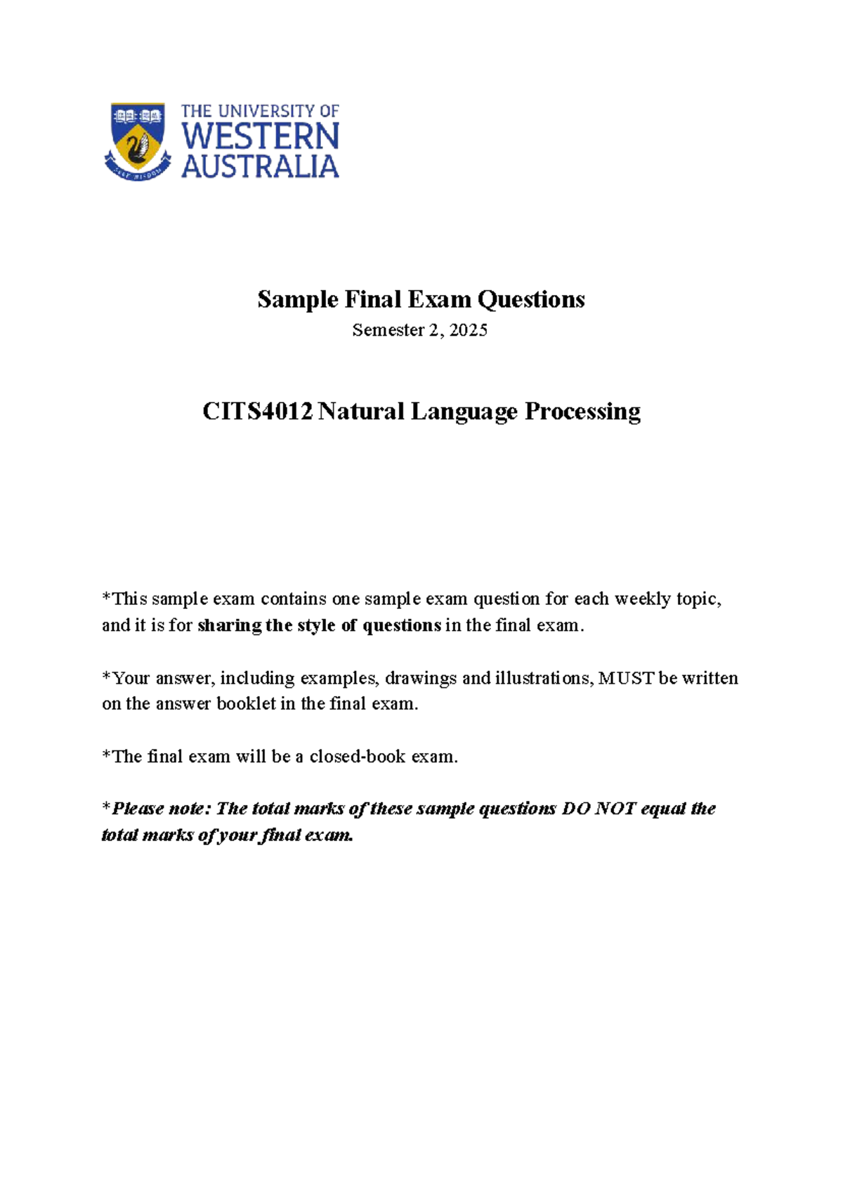 CITS4012 Final Exam Sample Questions for Natural Language Processing ...