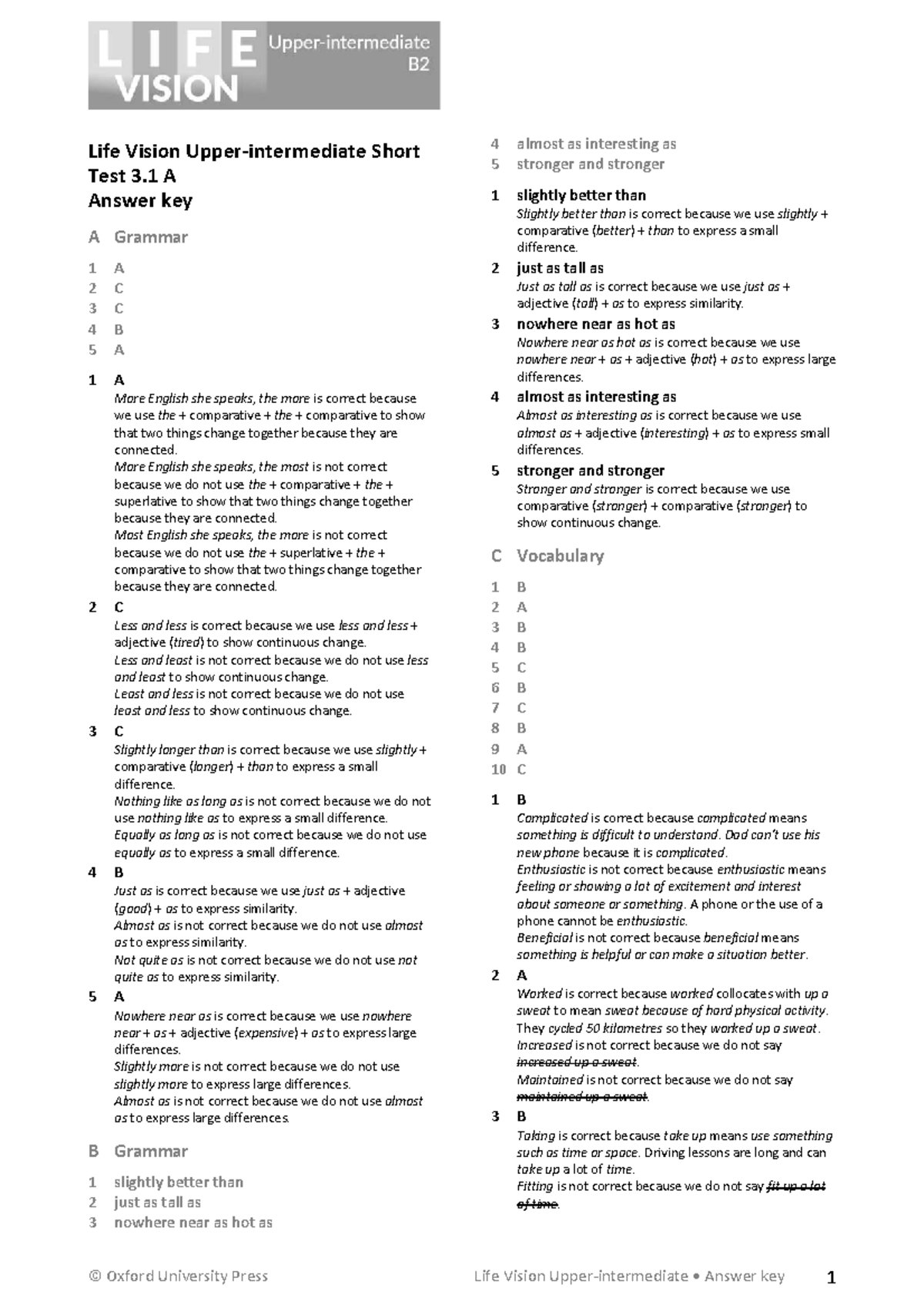Life Vision Upper-Intermediate Test 3.1 A Answer Key - Studeersnel
