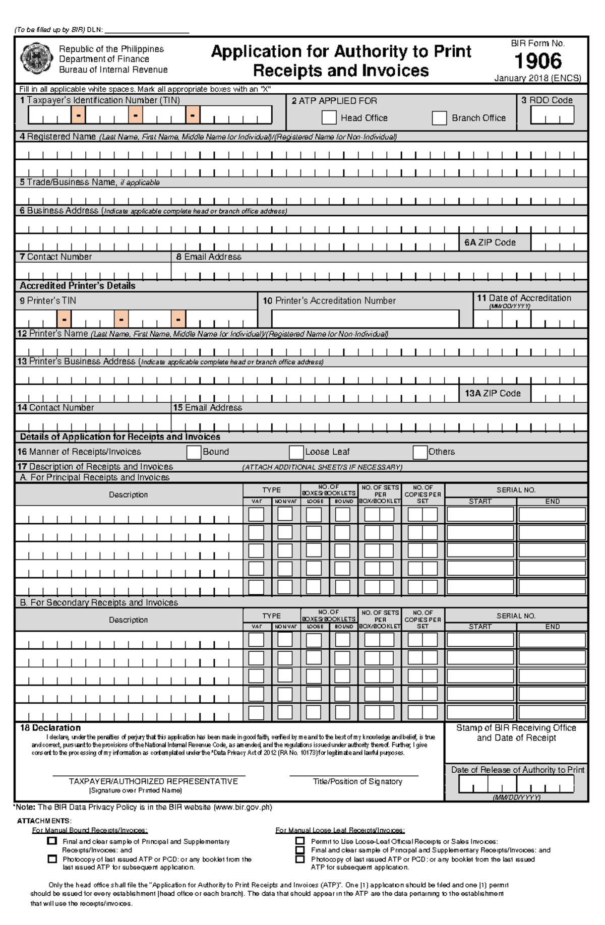 Application for Authority to Print Receipts and Invoices (BIR Form 1906 ...
