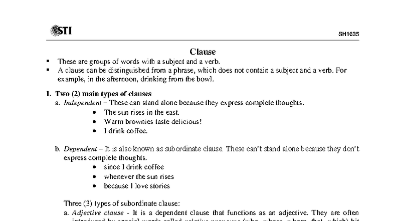 SH1635 Understanding Clauses and Sentence Types: A Comprehensive Guide - Studocu