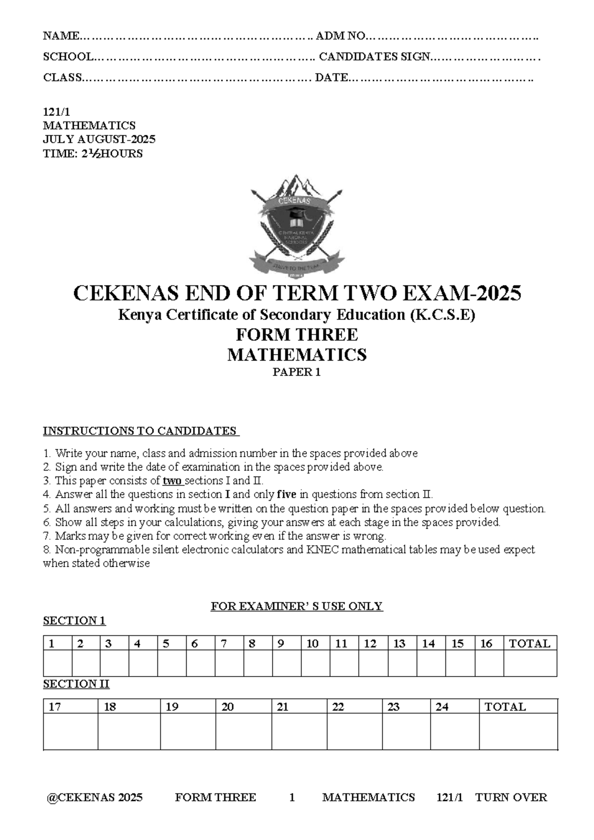 ADM FORM THREE MATHEMATICS PAPER 1 - END OF TERM EXAM 2025 - Studocu