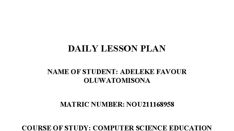 DAILY LESSON PLAN: JSS 3 Information Technology (IT) - Database ...