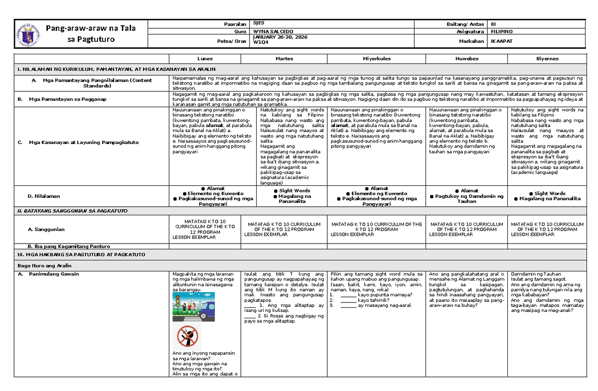 FIL DLL W1Q4 - Lesson Plan on Alamat and Sight Words - Studocu
