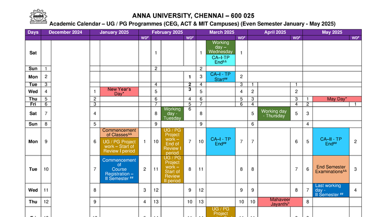 Anna University Academic Calendar UG PG (Jan-May 2025) - Studocu