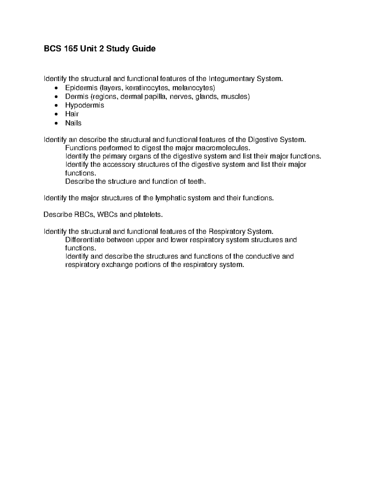 BCS 165 Unit 2 Study Guide: Integumentary, Digestive & Respiratory ...