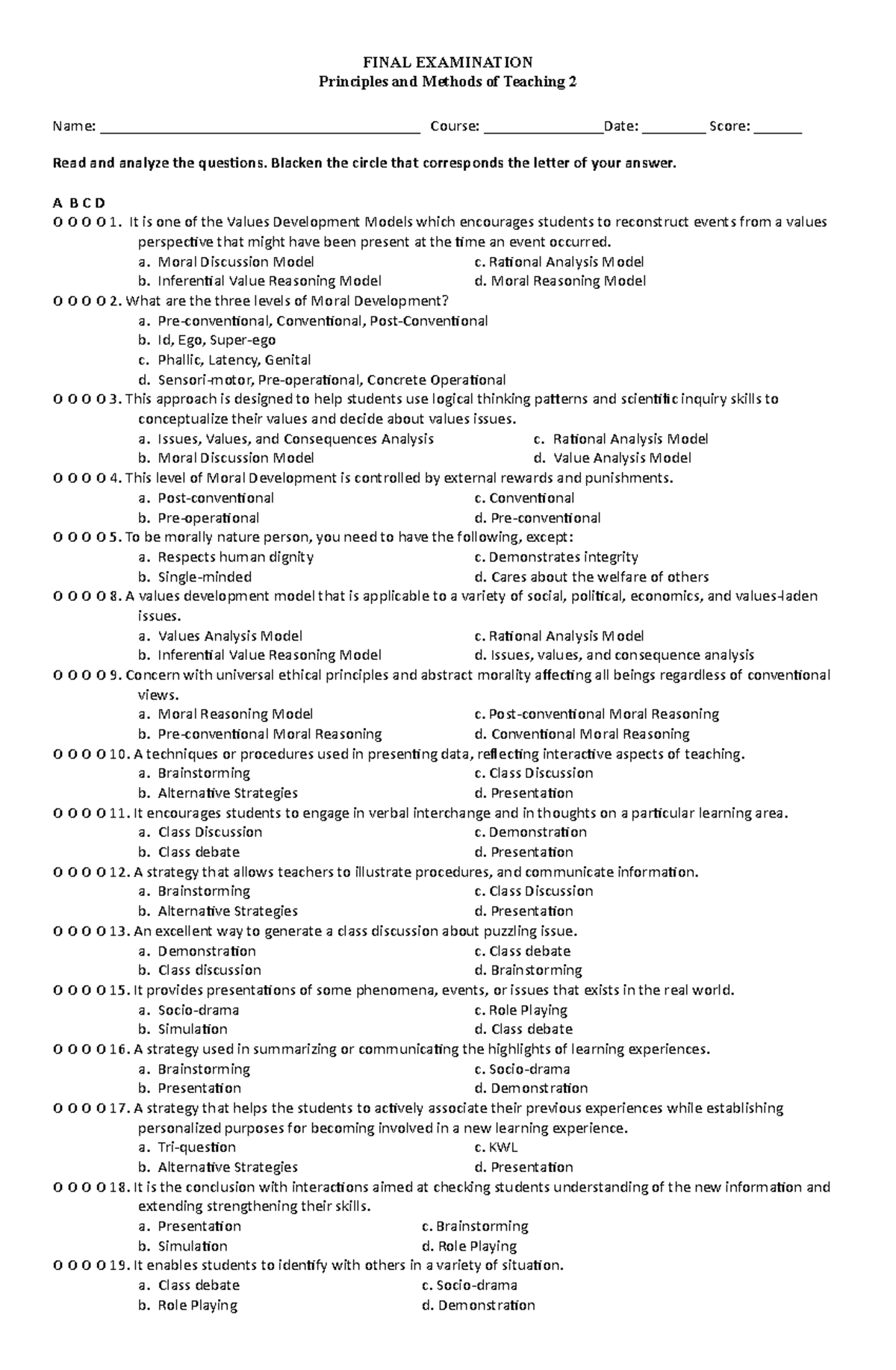 FINAL Exam Questions for Principles and Methods of Teaching 2 - Studocu