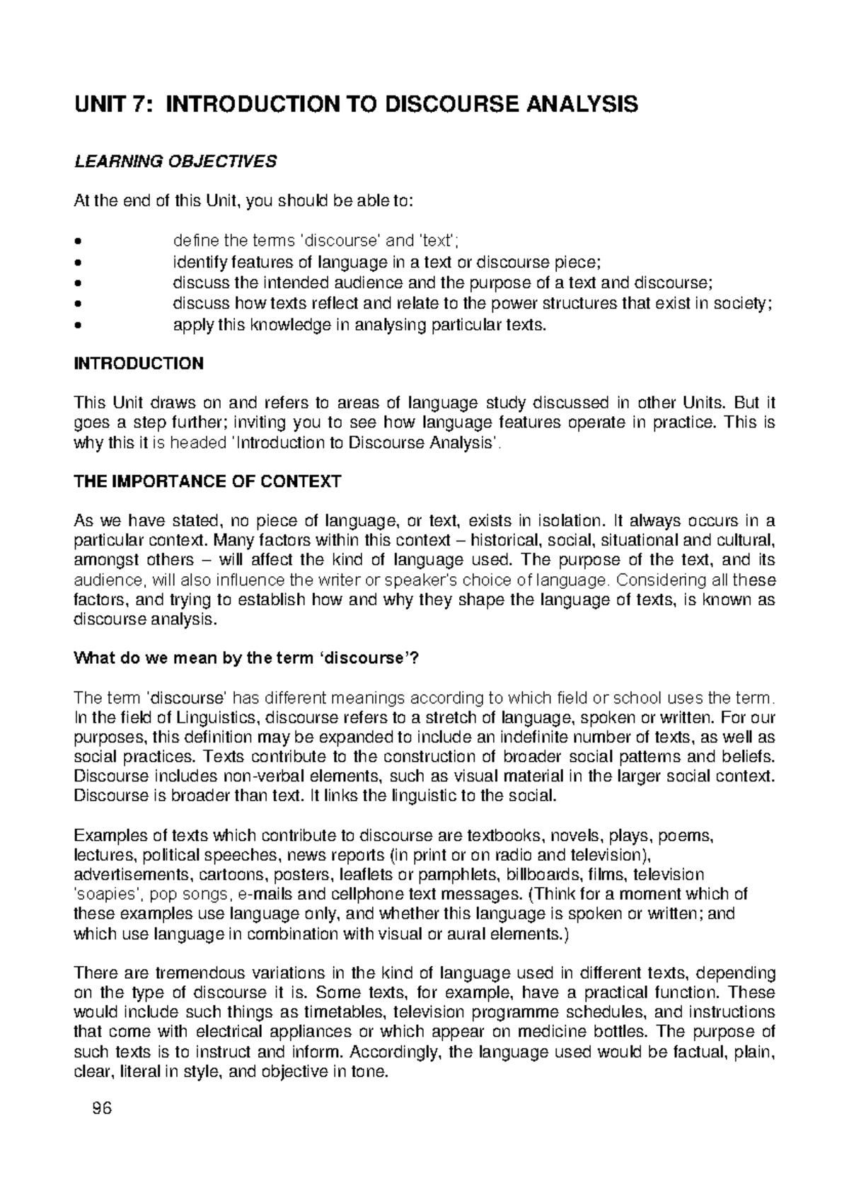 ENG1501: Unit 7 - Introduction to Discourse Analysis and Context - Studocu