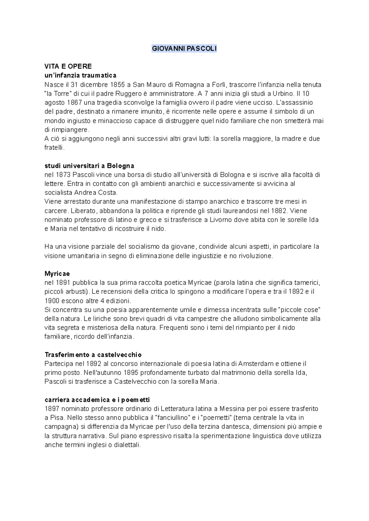GIOVANNI PASCOLI: VITA E OPERE - Analisi e Temi Principali - Studocu