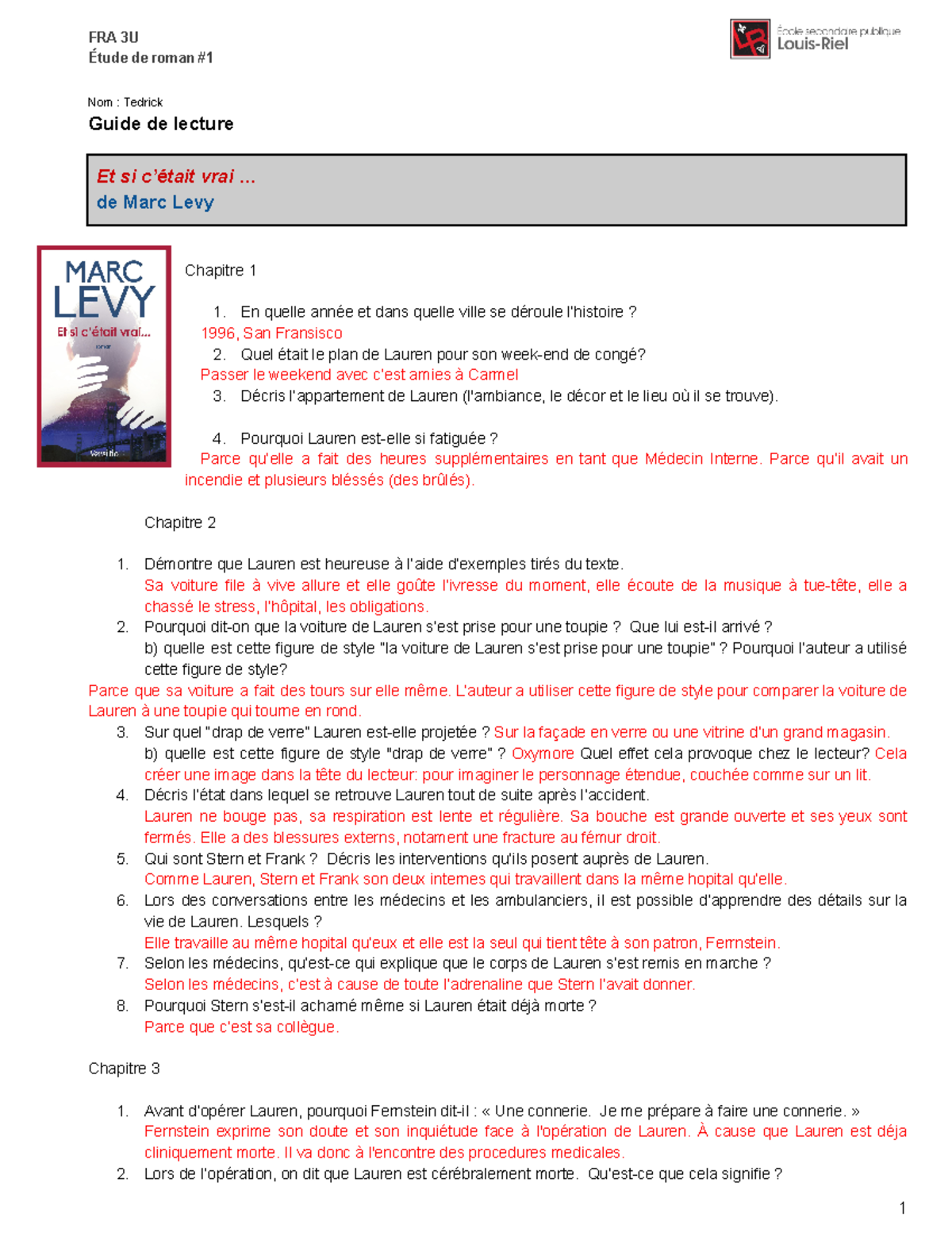 Tedrick Guide de lecture élève M. Levy( Questions par chapitre - Étude ...
