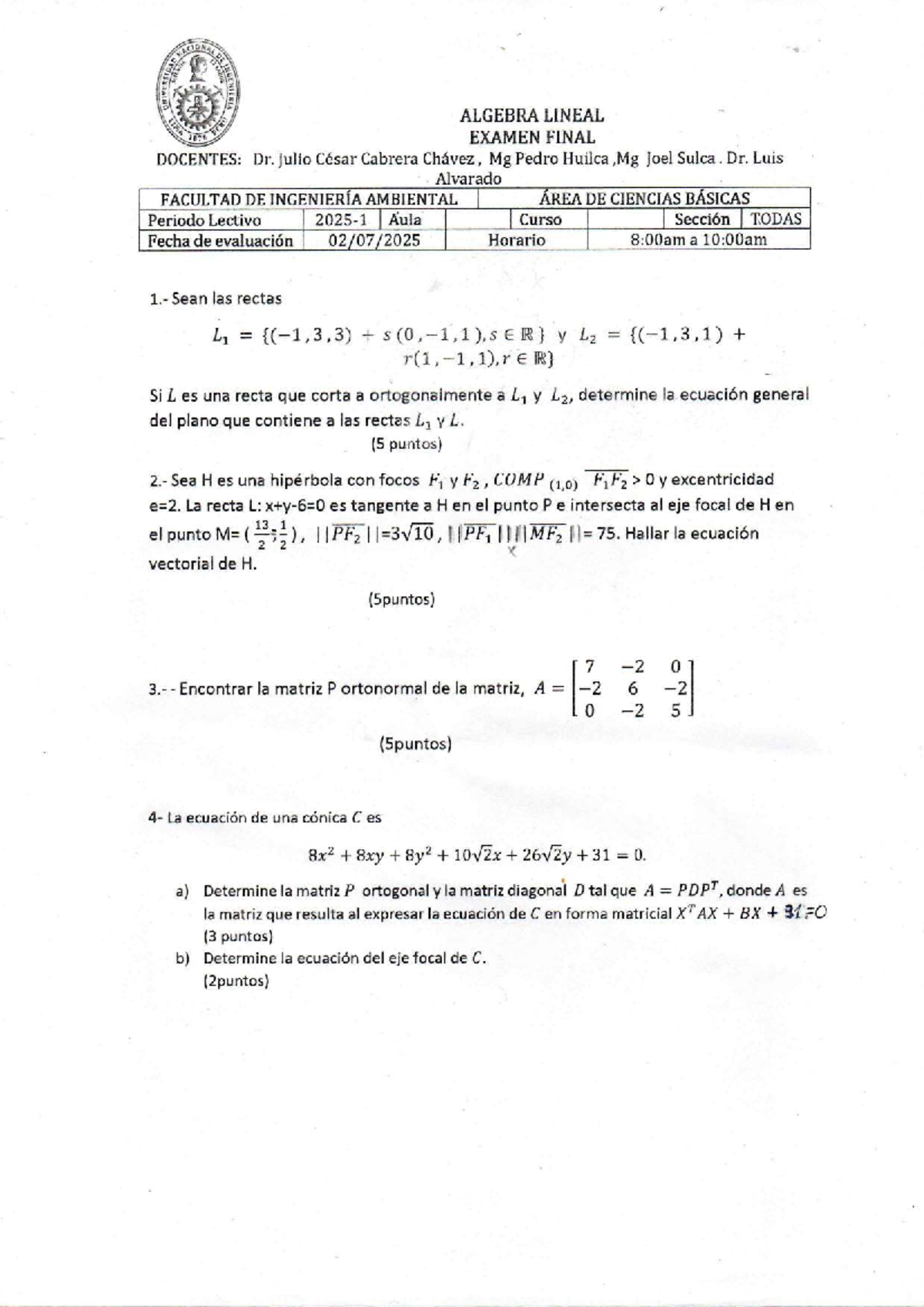 Algebra Lineal Final Exam 25-1: Docentes y Ejercicios - Studocu