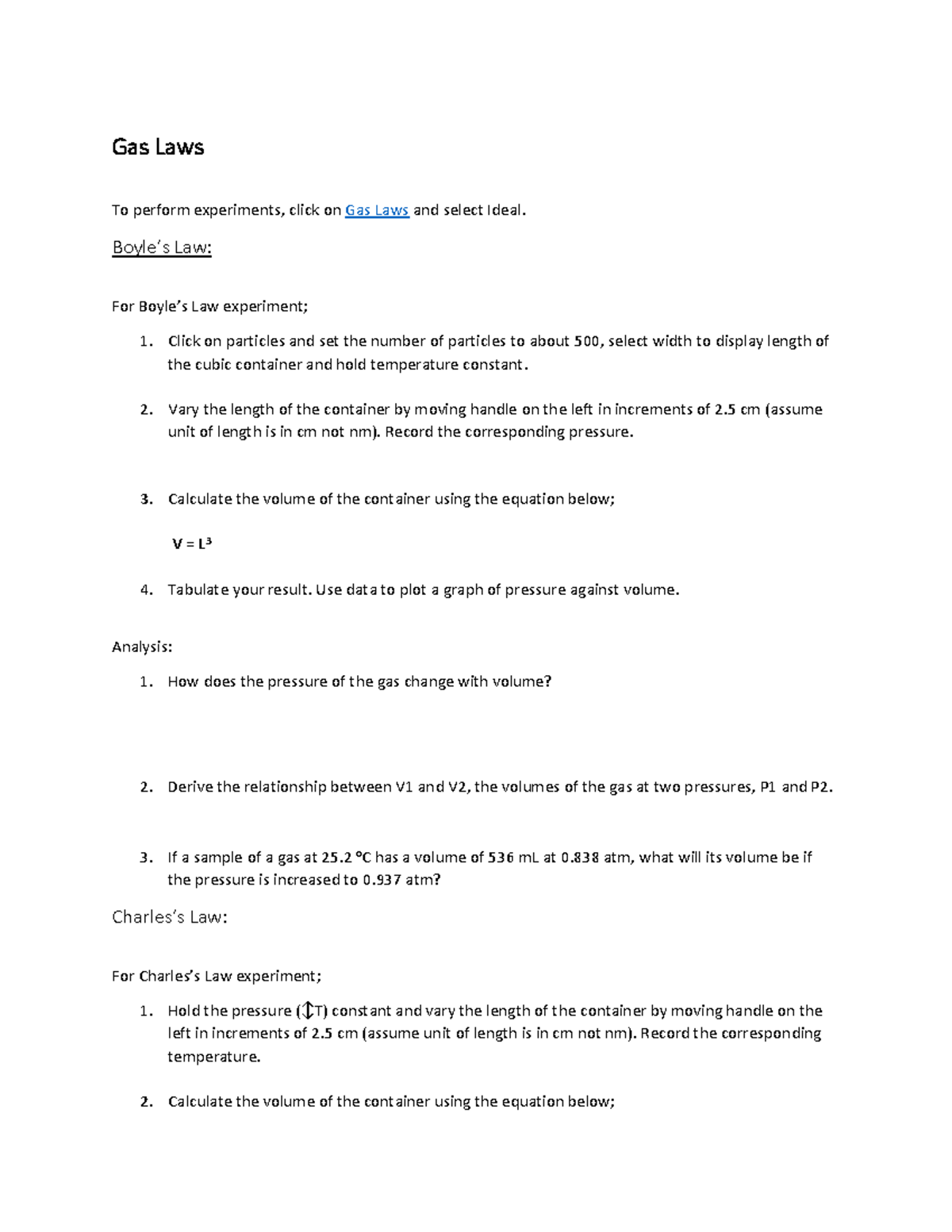 Gas Laws - Ideal Gas Law Experiment Worksheet - Studocu