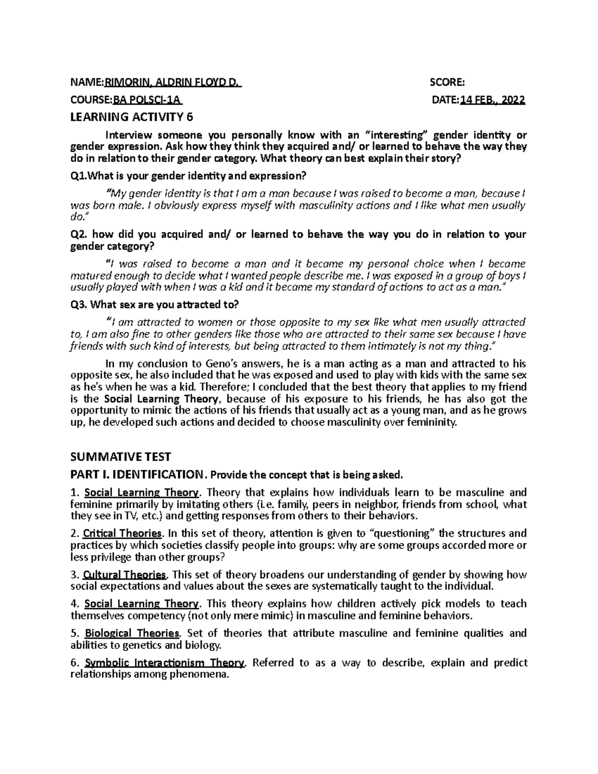 Gender And Society - NAME:RIMORIN, ALDRIN FLOYD D. SCORE: COURSE:BA ...