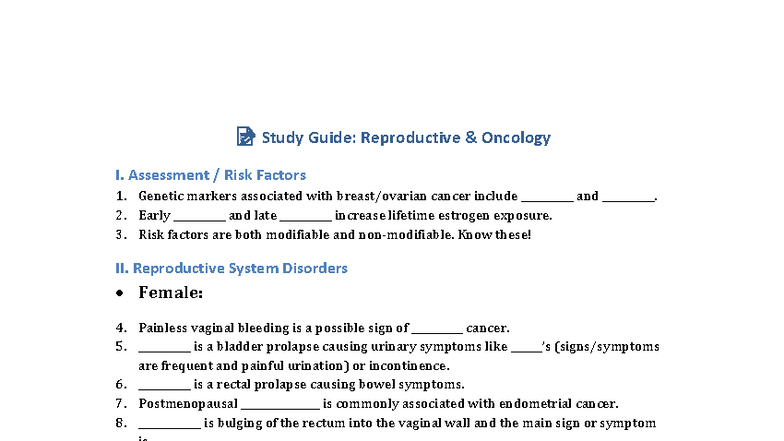 Fill in the Blank Study Guide: Reproductive Oncology SU 25 - Studocu
