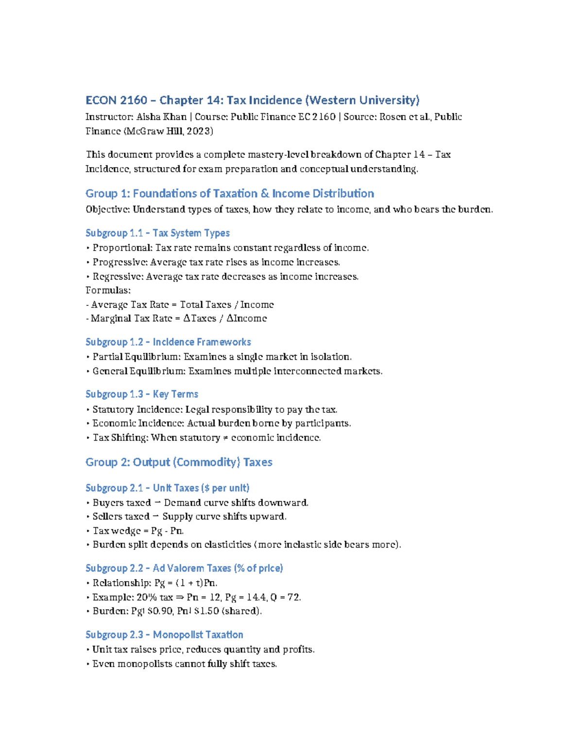 ECON 2160 Chapter 14 Master Summary: Tax Incidence Analysis - Studocu
