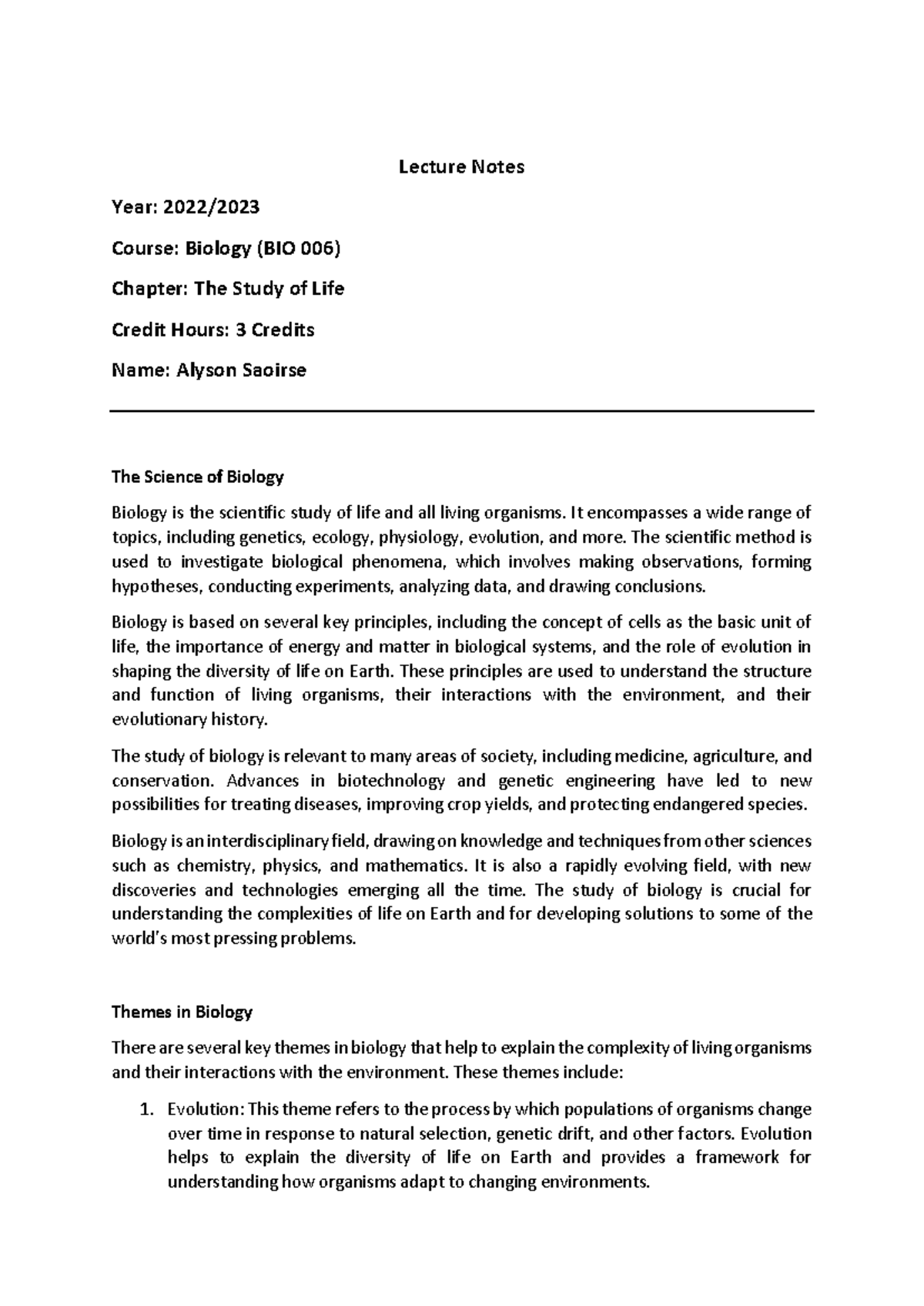 BIO 006 Lecture Notes: The Study of Life in Biology - Studocu