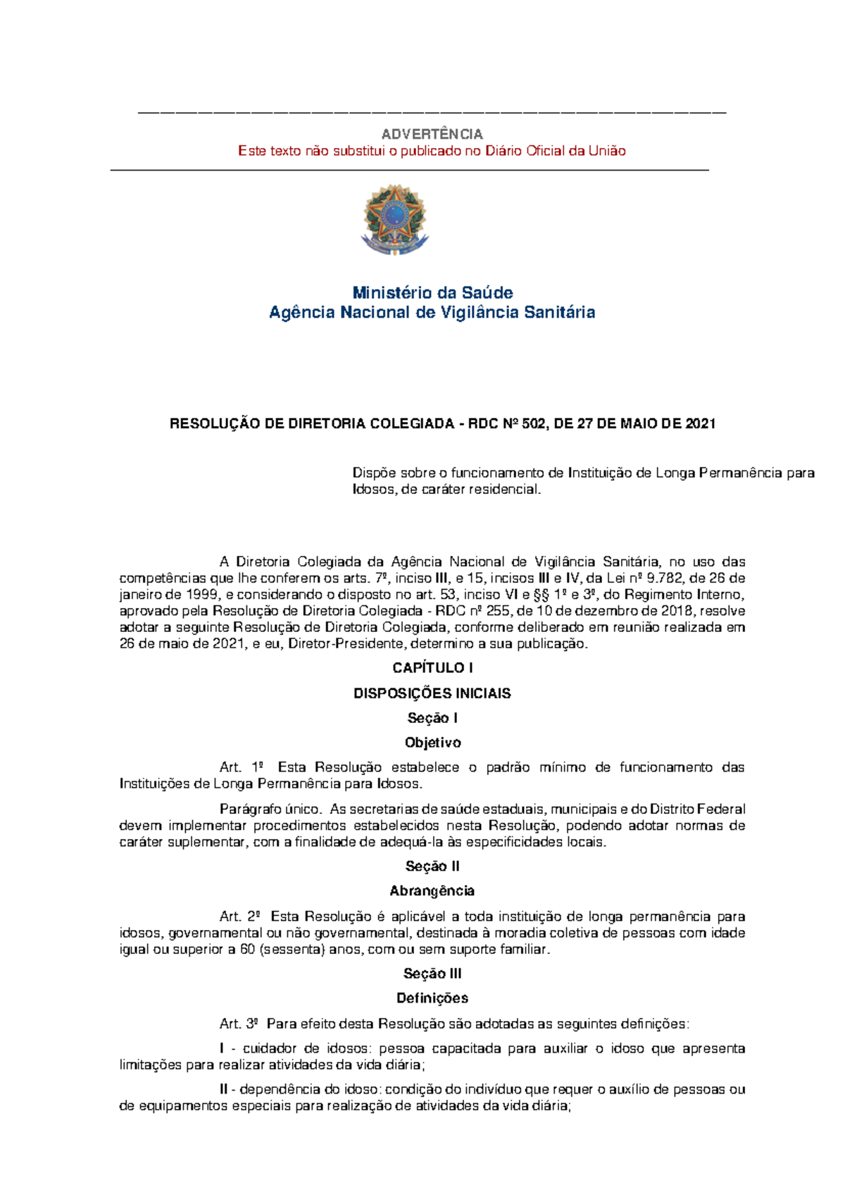 RDC 502 - Projeto de Vigilância Sanitária para Instituições para Idosos ...