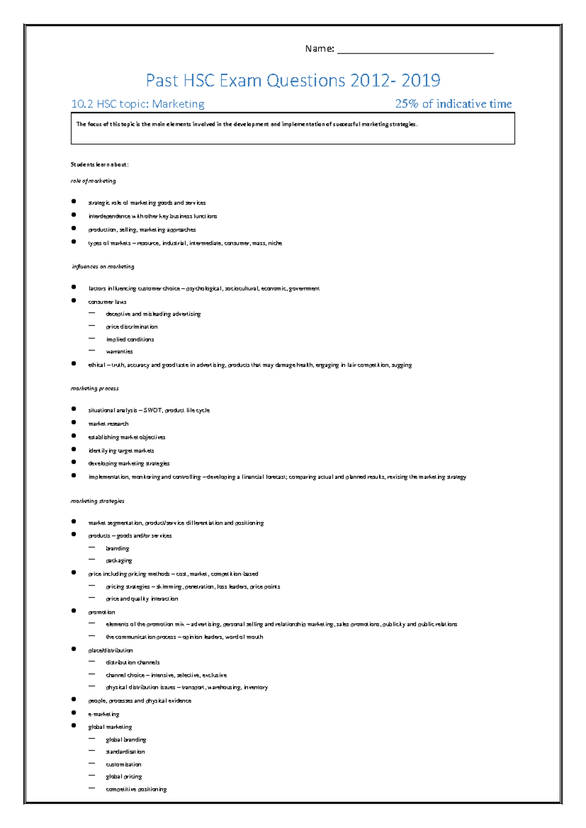 Complete HSC exams 2012- 2019 Marketing Questions - Name ...