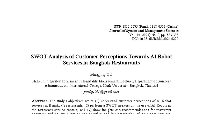 SWOT Analysis of Customer Perceptions on AI Robot Services in Bangkok ...