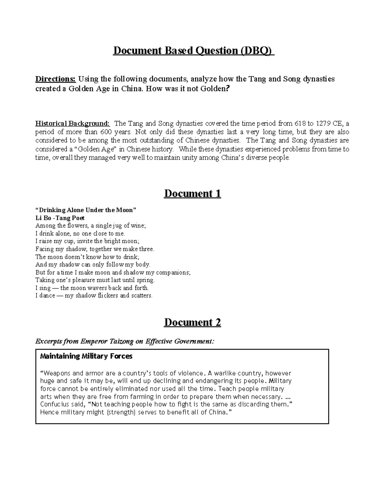 Tang and Song Dynasties DBQ: Analyzing China's Golden Age - Studocu