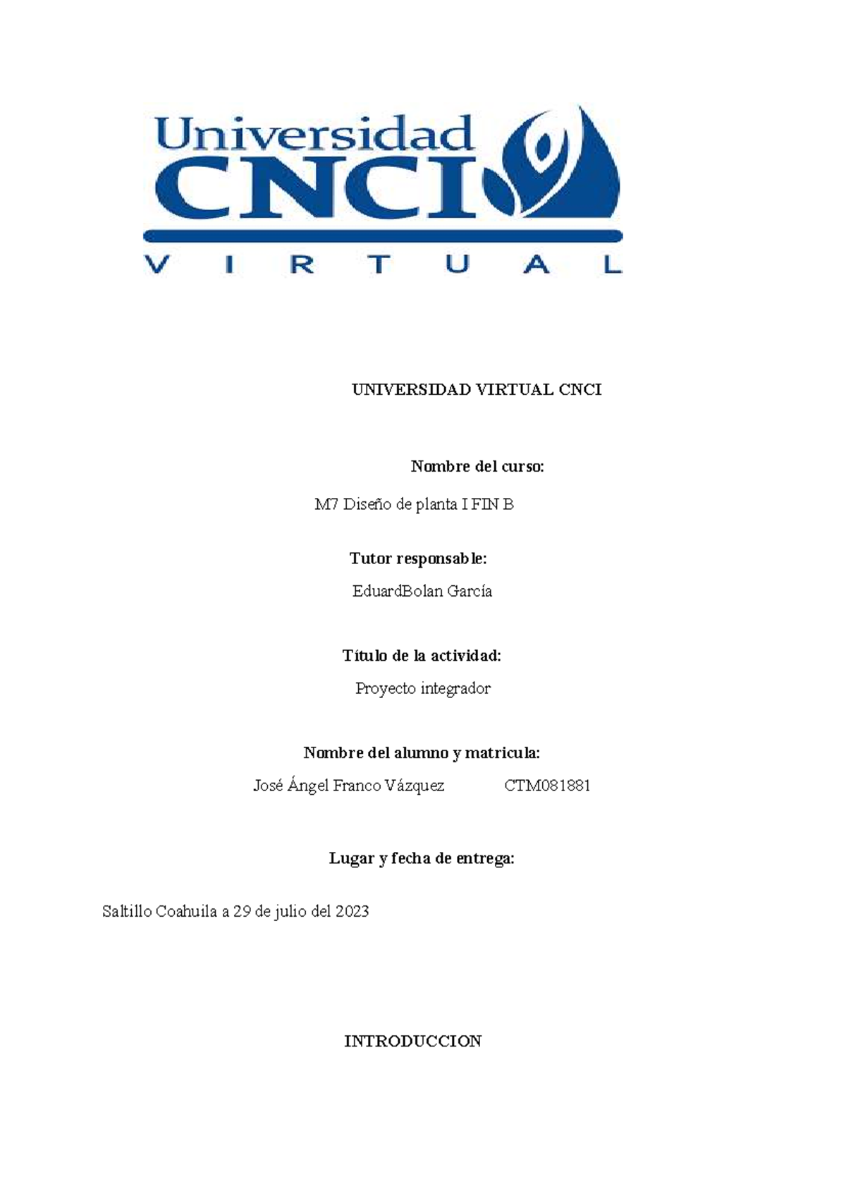 M7 Diseño de Planta I: Proyecto Integrador Final 2023 - Studocu