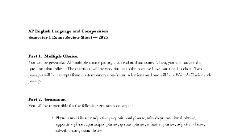 AP English Language & Comp Sem 1 Exam Review Sheet 2025 - Studocu