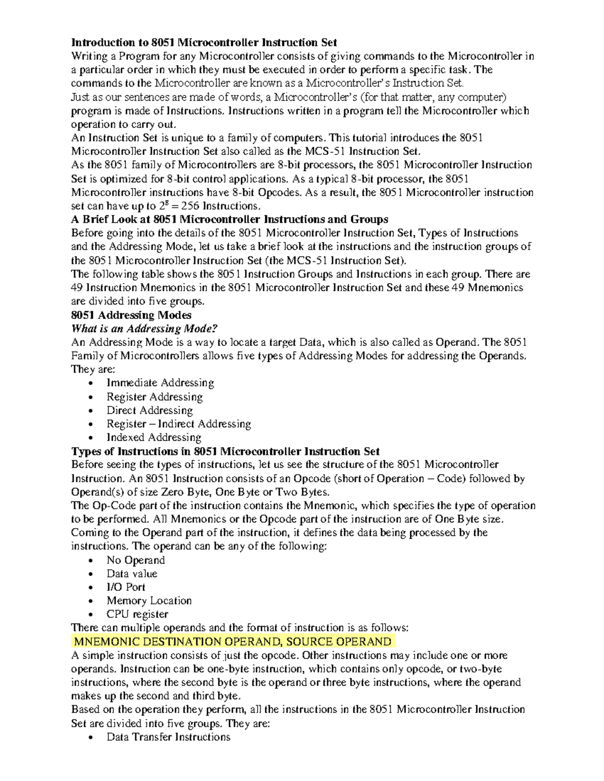 8051 Microcontroller Instruction Set Overview and Groups - Studocu