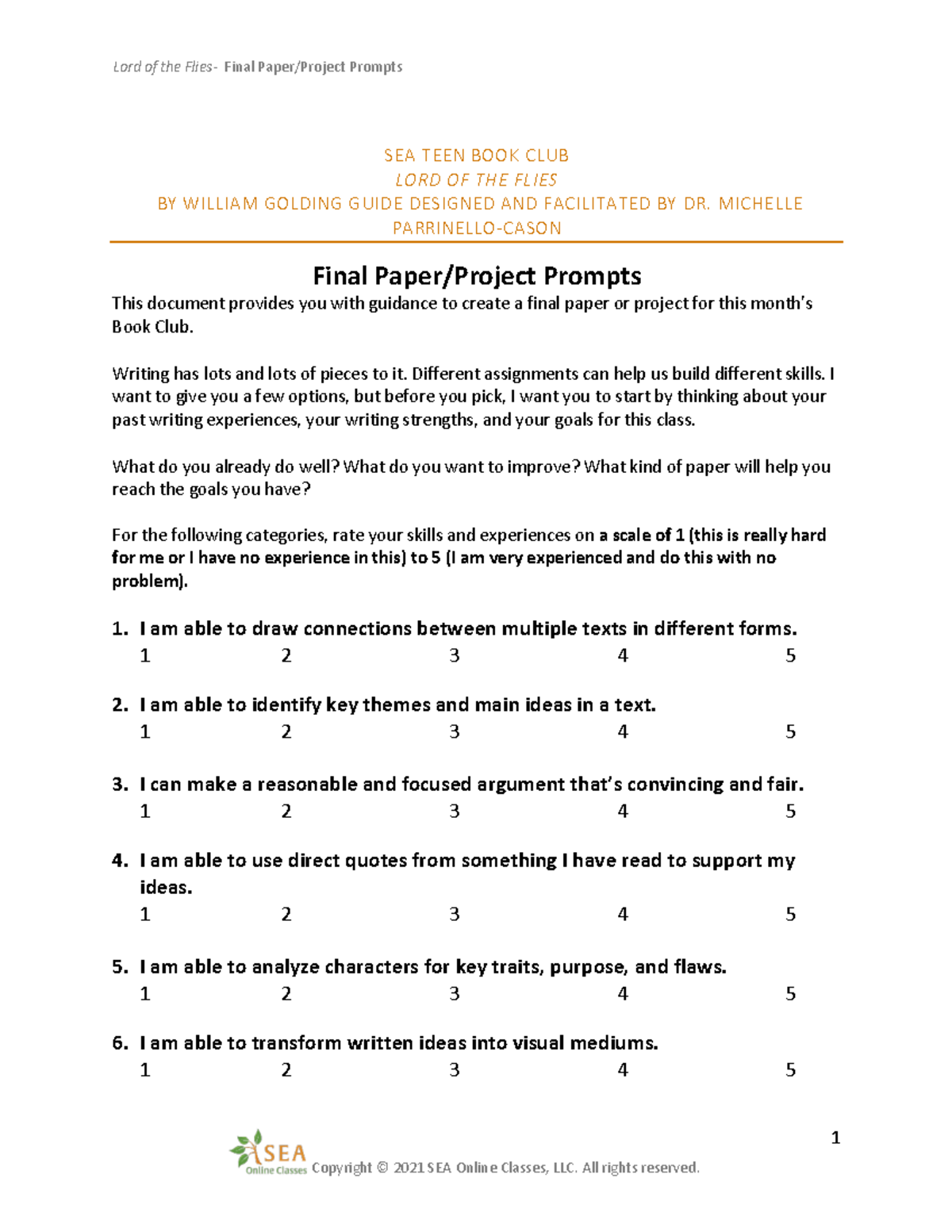 Lord of the Flies Final Project Prompts for SEA Book Club - Studocu