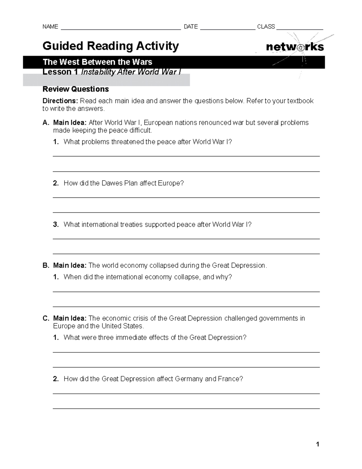 Lesson 1: Instability in Europe Post WWI - Guided Reading Activity ...