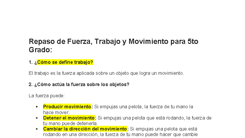 Repaso de Fuerza, Trabajo y Movimiento para 5to Grado - Studocu