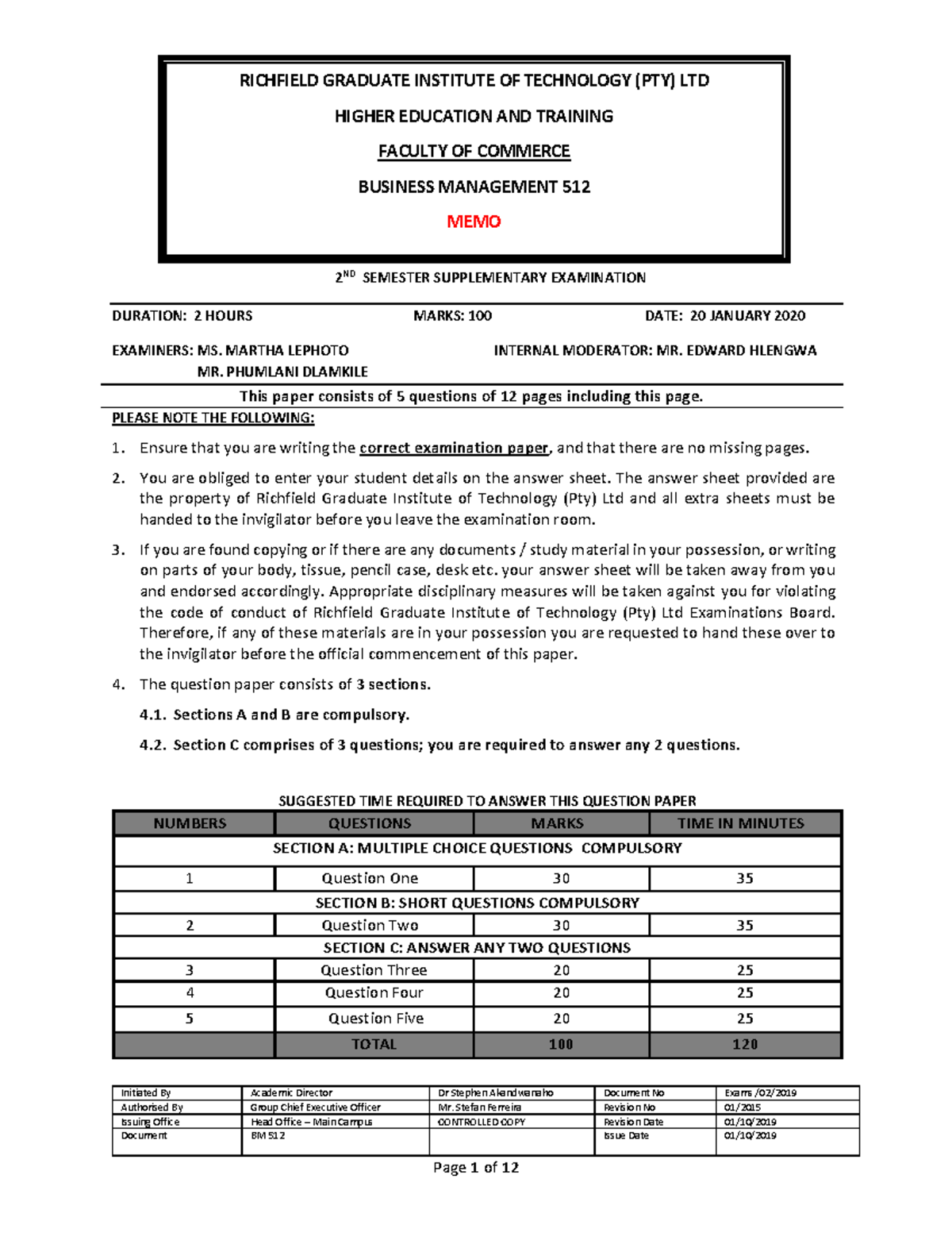 BM 512 - SUPPLEMENTARY EXAM MEMO - January 2020 Exam Guidelines - Studocu