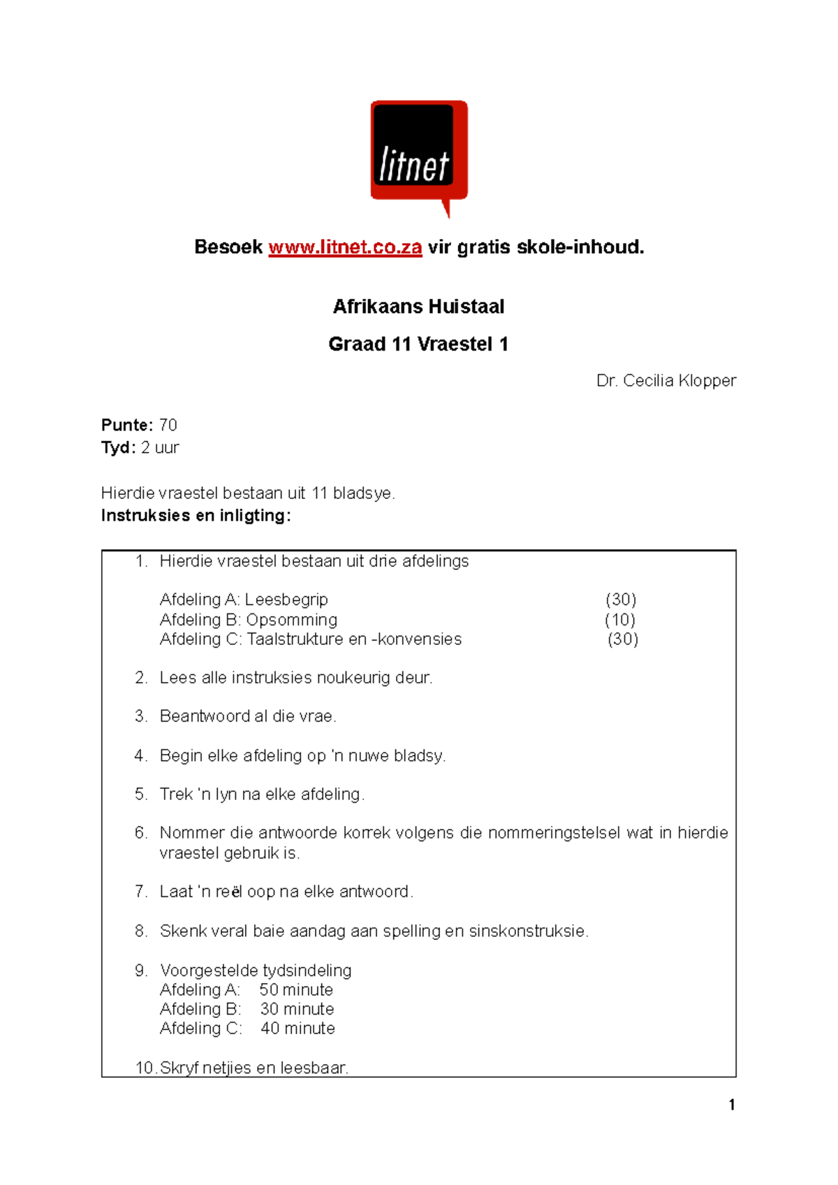 Gr. 11 Afrikaans Huistaal Vraestel 1: Taalstudie en Leesbegrip - Studocu