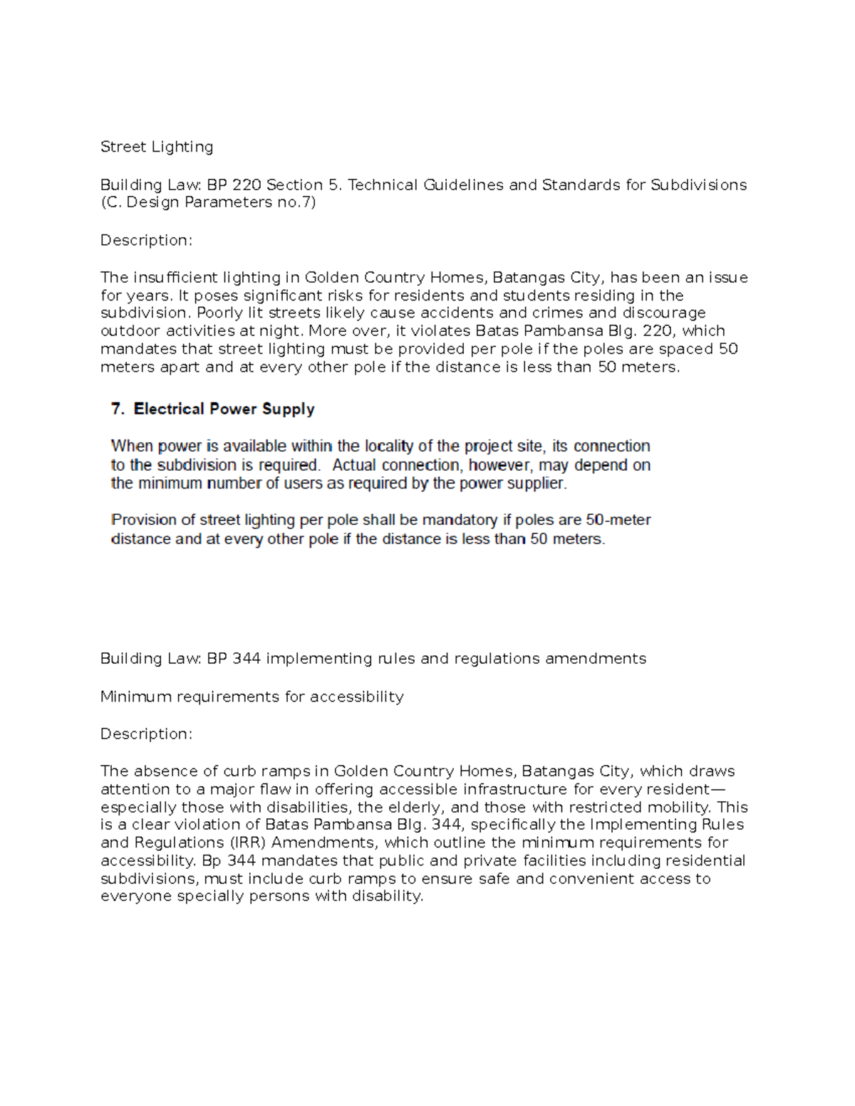 GCH assesment - planning - Street Lighting Building Law: BP 220 Section ...