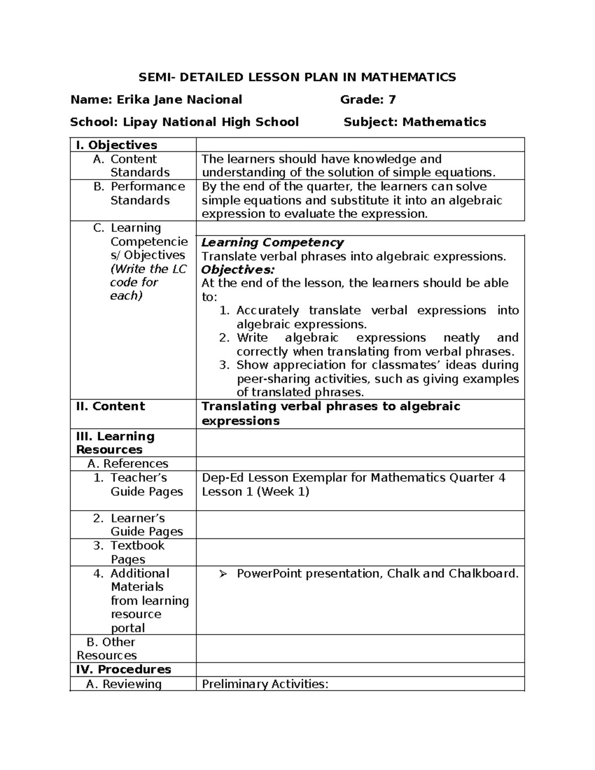 Detailed Lesson Plan in Mathematics (Grade 7) - Translating Verbal ...