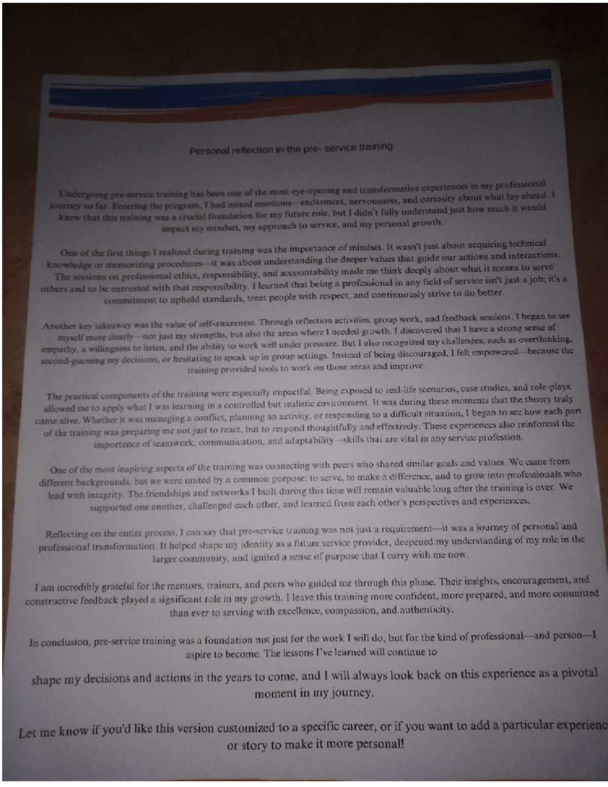 Personal Reflection on Service Training Experience - Studocu