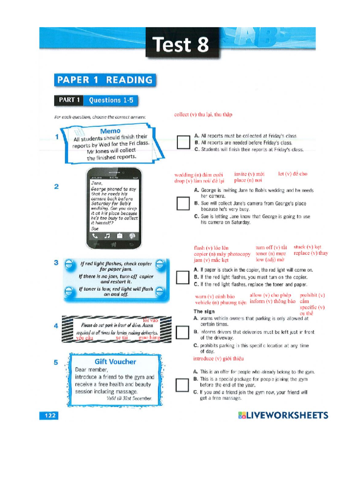 Test 8 Reading Part 1 & 2 Questions - Worksheet 1022546-1 - Studocu