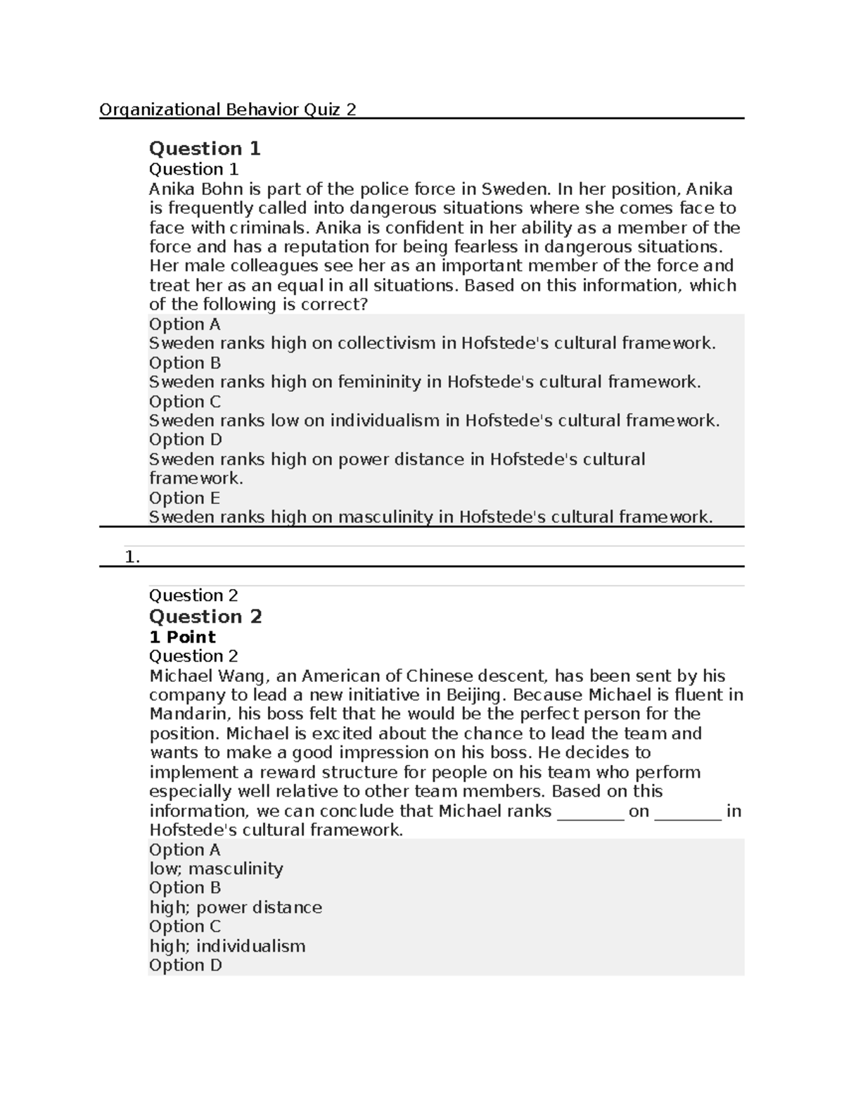 Organizational Behavior Quiz 2: Cultural Framework Insights - Studocu