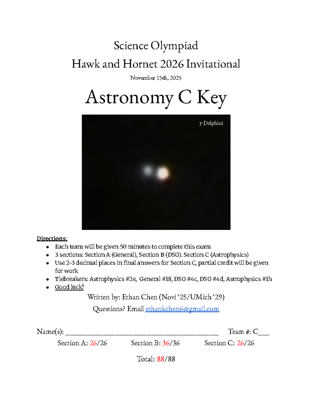 Astro Key HH26: Science Olympiad Hawk & Hornet 2026 Astronomy C Exam ...