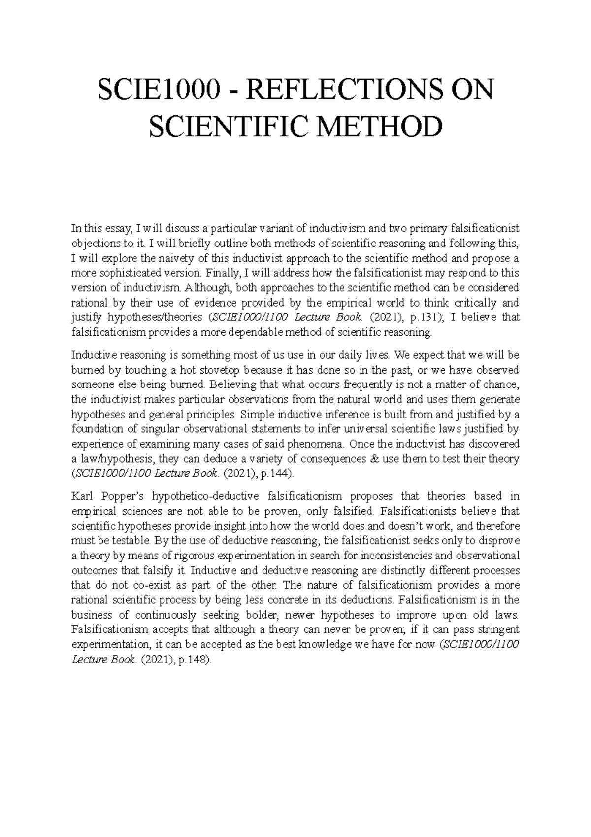 Philosophy essay - inductivism vs falsificationism - SCIE1000 ...