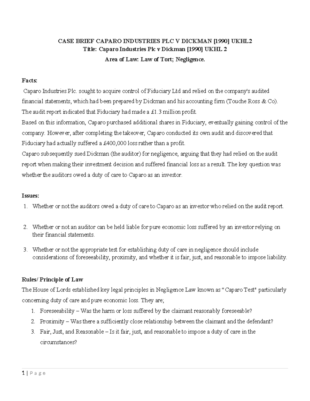 LAW 204 Assignment: Case Brief on Caparo Industries Plc v Dickman - Studocu
