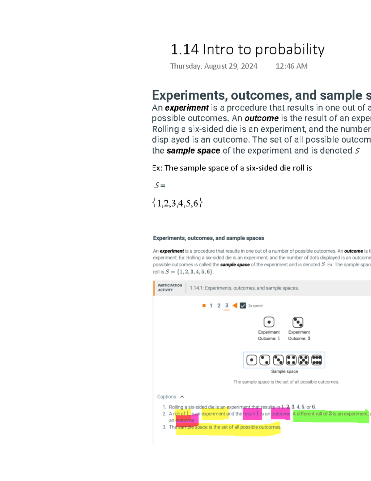 Mat 243 1.14 Intro to probability - Experiments, outcomes, and sample s An experiment is a ...