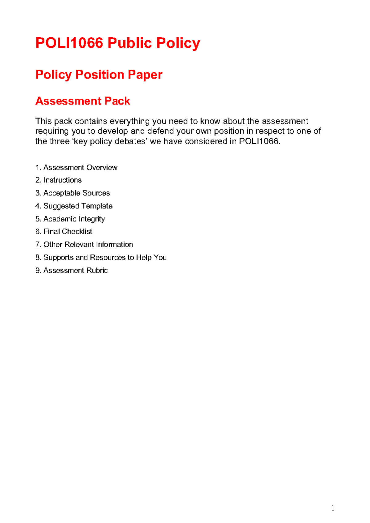 POLI1066 Public Policy: Position Paper Assessment Guide - Studocu