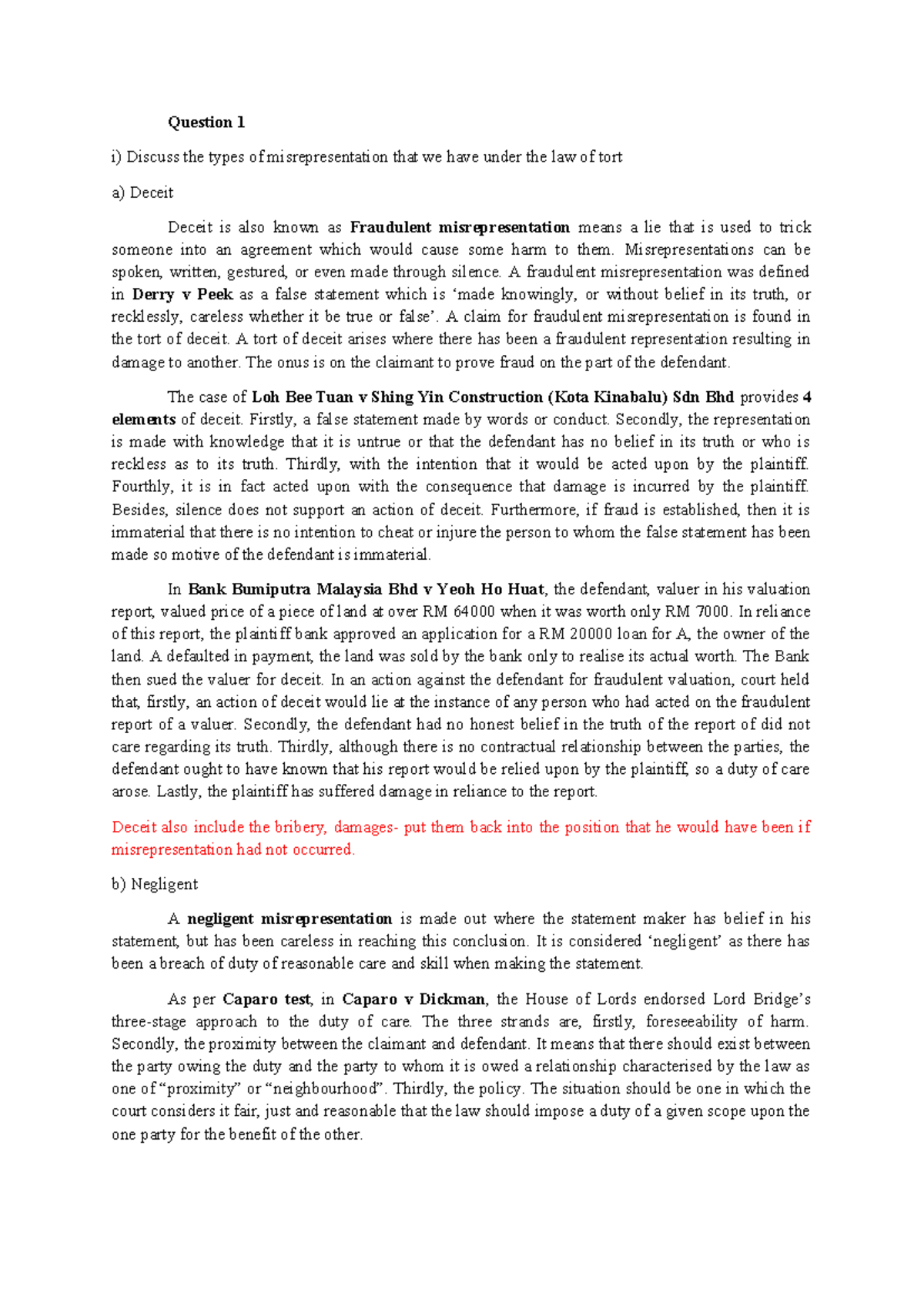 LAW 3003: Tutorial on Liability for Misrepresentation in Tort Law - Studocu
