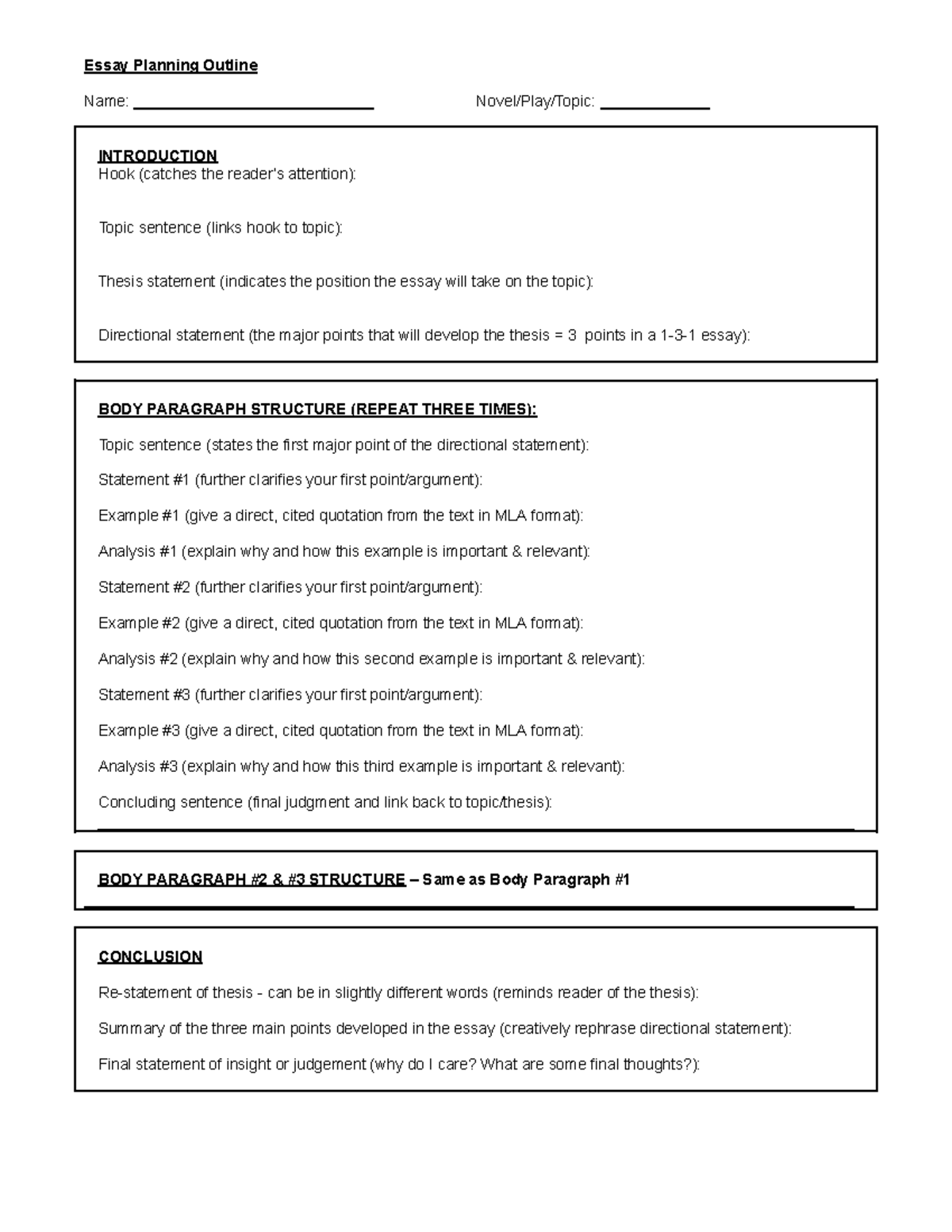 Essay Outline 1-3-1: In-Class Handout for Essay Planning - Studocu