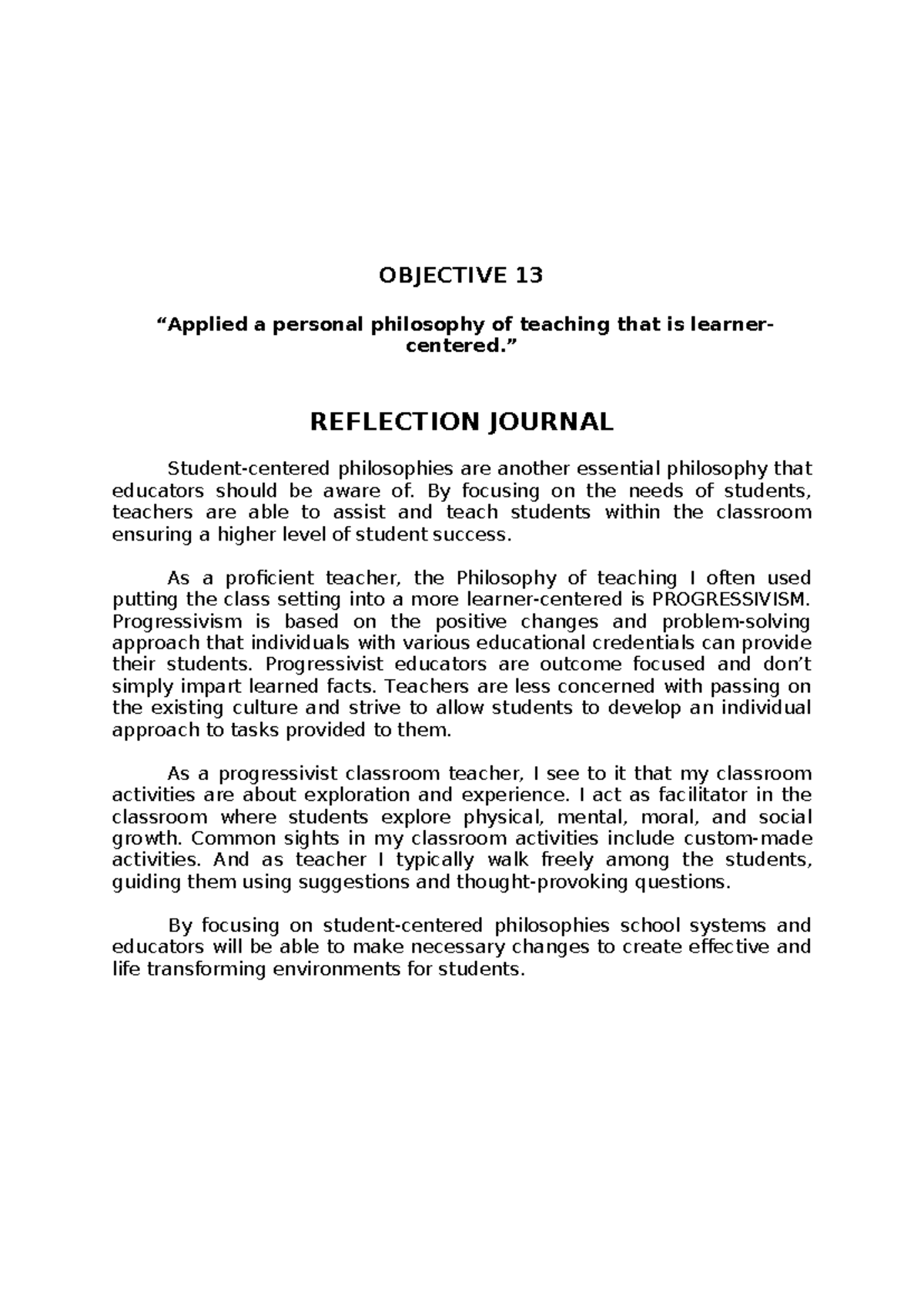 Obj 13: Reflection Journal on Progressivism in Teaching Philosophy - Studocu