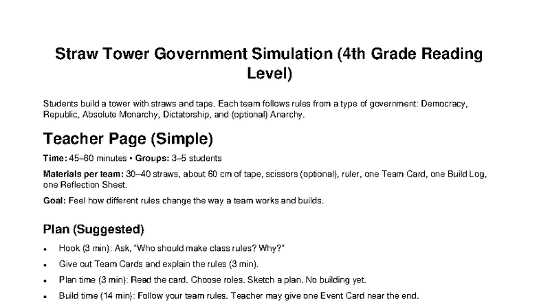 Straw Tower Gov Simulation (4th Grade) - Team Building Activity - Studocu